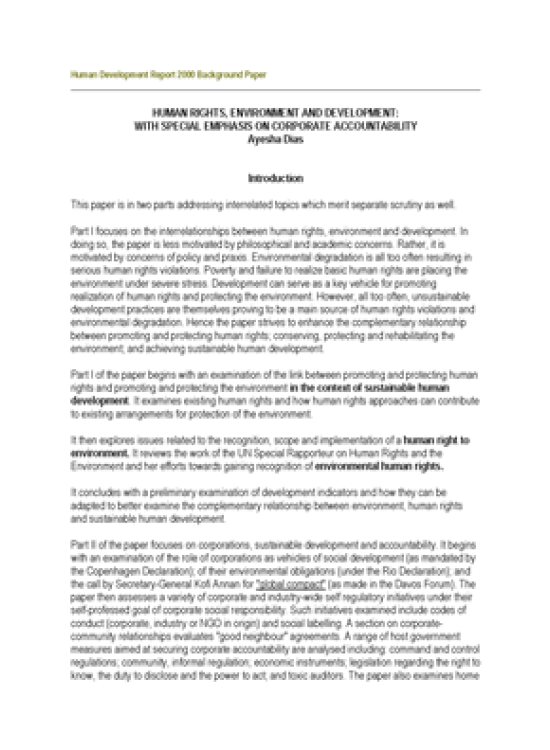 Human Rights, Environment and Development | Human Development Reports