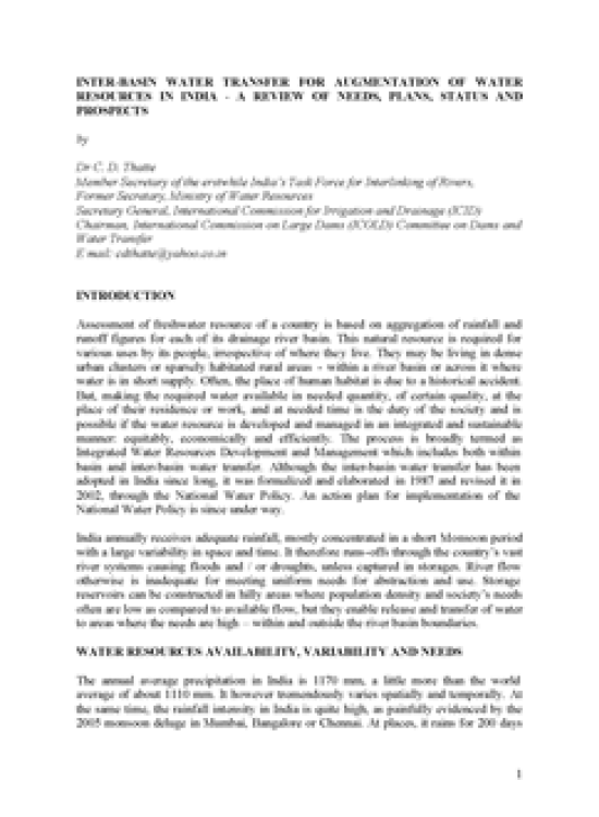 Inter-Basin Water Transfer for Augmentation of Water Resources in India ...